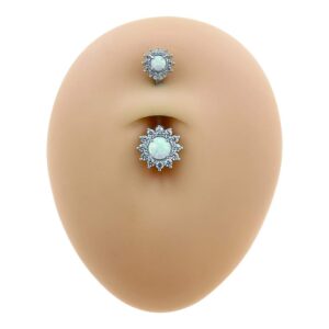 Excepro 14G(1.6mm) Double Round Cubic Zircon Filigree Opal Center 316L Surgical Steel Belly Button Rings Navel Rings Belly Piercing