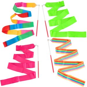 ancirs 4 pack 2-meter dance ribbons, rainbow streamers rhythmic gymnastics ribbon, baton twirling wands on sticks for artistic dancing