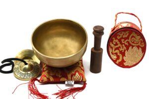 5" tibetan singing bowl for meditation, sound healing, yoga & sound therapy. made of 7 metals. silk cushion, wooden mallet, box & tingsha included thamelmart (5 inch matte)