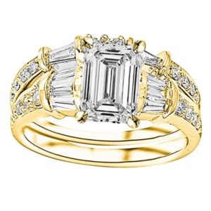 2.75 ctw 14k yellow gold baguette round gia certified diamond engagement ring wedding bridal band set emerald shape (2 ct j color si1 clarity center stone)