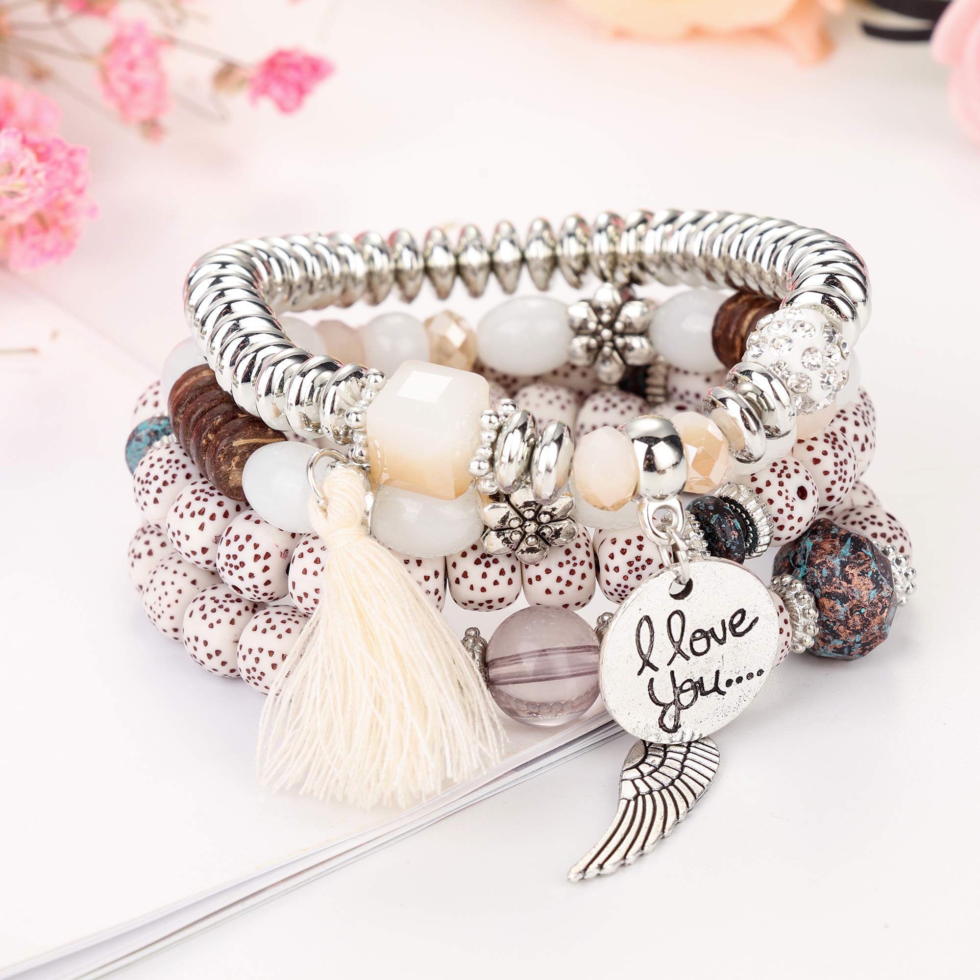 LOYALLOOK 5Sets Bohemian Stretch Beaded Bracelets for Women Crystal Beaded Strand Bangle Charm Multilayer Stackable Bracelets