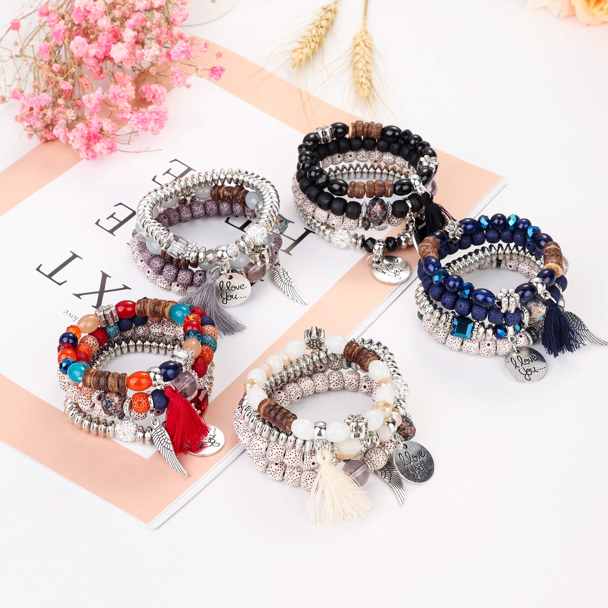 LOYALLOOK 5Sets Bohemian Stretch Beaded Bracelets for Women Crystal Beaded Strand Bangle Charm Multilayer Stackable Bracelets