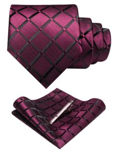 jemygins plaid maroon tie and pocket square hankerchief mens silk necktie with tie clip sets(1)