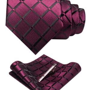 JEMYGINS Plaid Maroon Tie and Pocket Square Hankerchief Mens Silk Necktie with Tie Clip Sets(1)