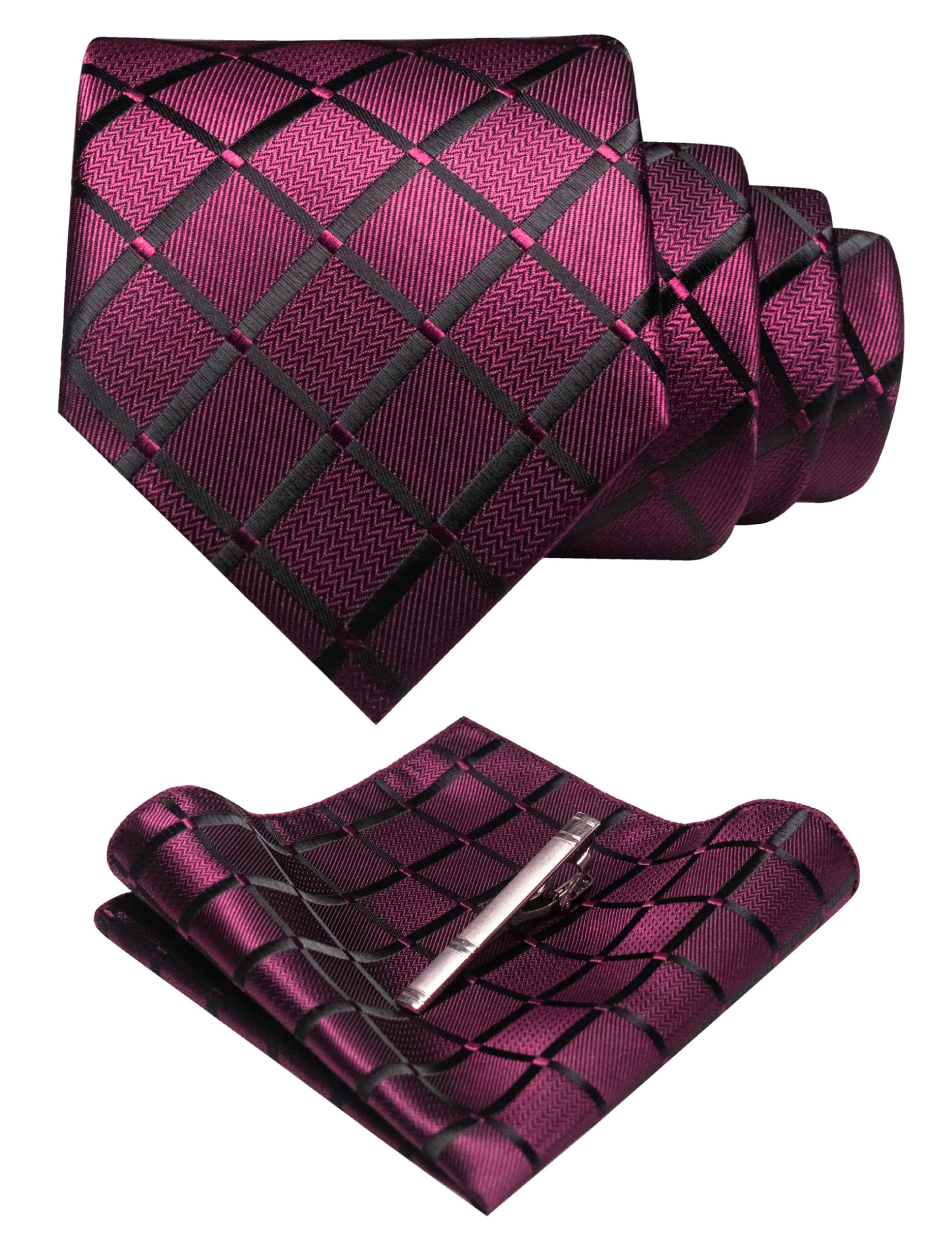 JEMYGINS Plaid Maroon Tie and Pocket Square Hankerchief Mens Silk Necktie with Tie Clip Sets(1)