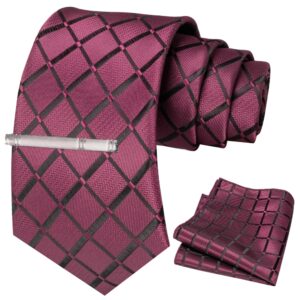 JEMYGINS Plaid Maroon Tie and Pocket Square Hankerchief Mens Silk Necktie with Tie Clip Sets(1)