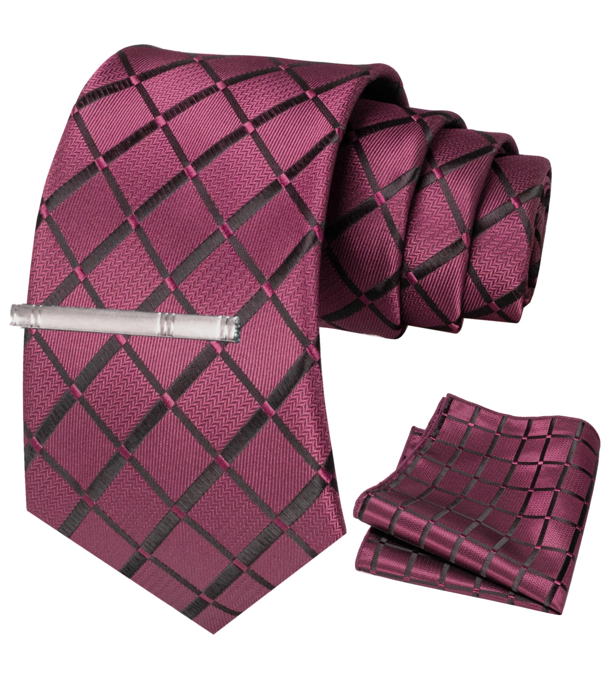 JEMYGINS Plaid Maroon Tie and Pocket Square Hankerchief Mens Silk Necktie with Tie Clip Sets(1)