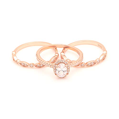 Ginger Lyne Collection Porsha 3 Ring Rose Gold over Sterling Oval Engagement Wedding Band Bridal Set Size 8