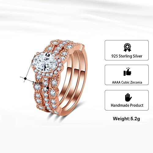 Ginger Lyne Collection Porsha 3 Ring Rose Gold over Sterling Oval Engagement Wedding Band Bridal Set Size 8