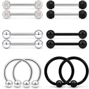 lcolyoli 12pcs tongue ring 16g nipple ring surgical steel nipplerings barbell bar hoop rings piercing jewelry for women men 12mm silver-tone black