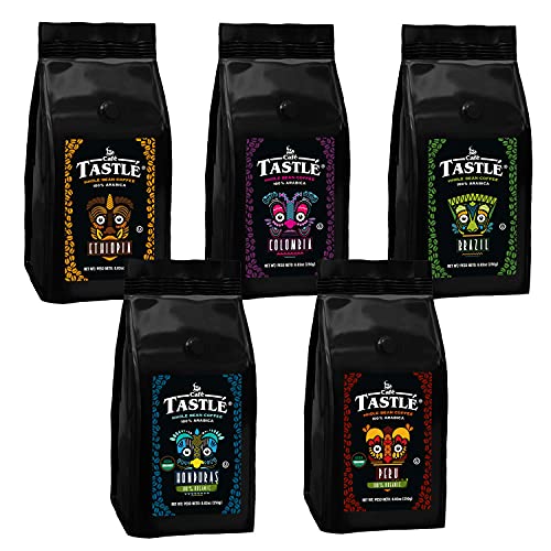 Cafe Tastle Ethiopia Colombia Brazil Honduras Peru Medium-Dark Roast 100% Arabica Whole Bean Coffee, 8.82 oz (Pack of 5)