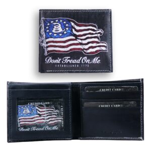 li bifold wallet handmade vegan leather wallet - don't tread flag design men wallet slim with top-flap 2 id windows, 7 cards, 2 side slots, 2 cash pockets - timeless slim wallet with gift box