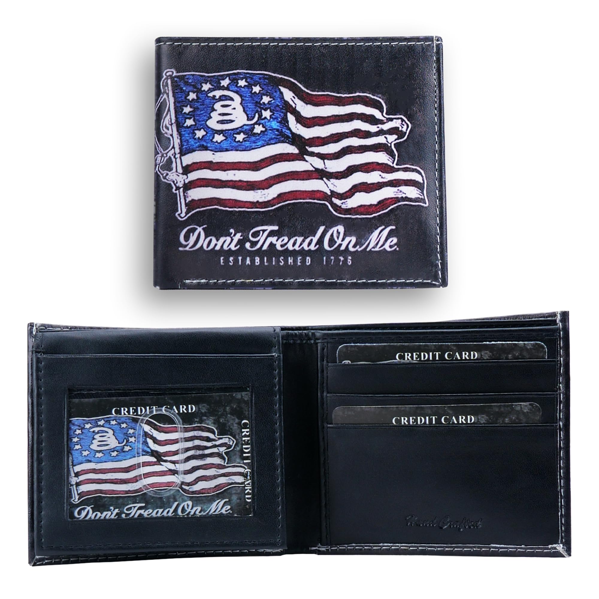 Li Bifold Wallet Handmade Vegan Leather Wallet - Don't Tread Flag Design Men Wallet Slim with top-flap 2 ID Windows, 7 cards, 2 side slots, 2 cash pockets - Timeless slim wallet with Gift Box