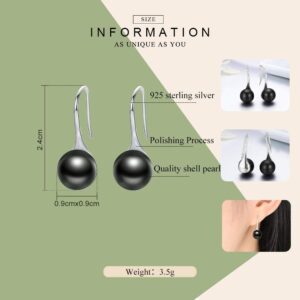 Presentski Black Pearl Dangle Earrings 925 Sterling Silver Classic Round Pearl Tear Drop Hook Earrings Jewelry Birthday Gifts for Women