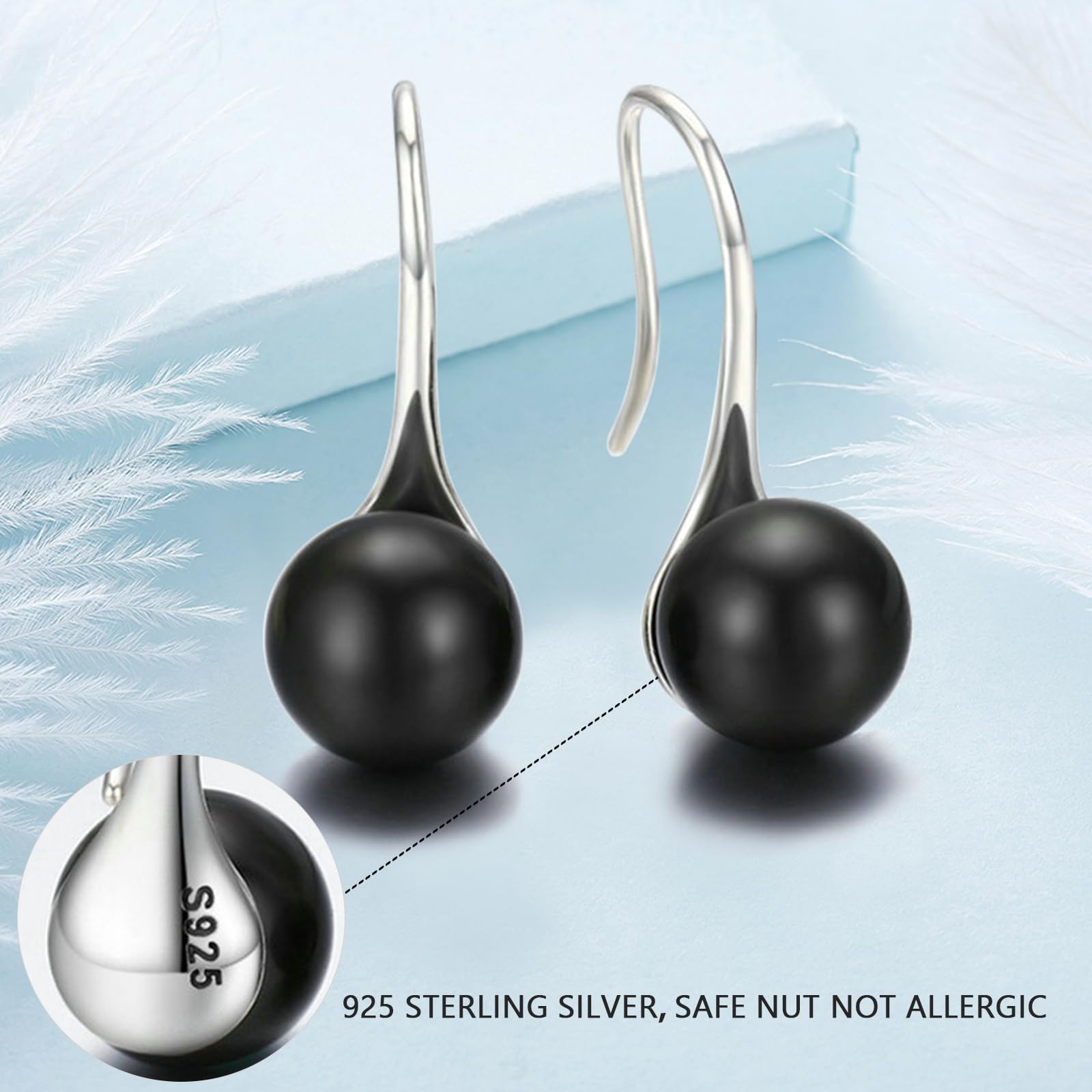 Presentski Black Pearl Dangle Earrings 925 Sterling Silver Classic Round Pearl Tear Drop Hook Earrings Jewelry Birthday Gifts for Women