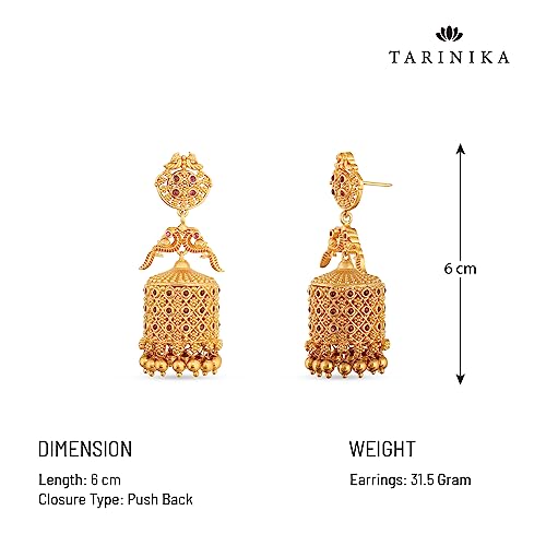 Tarinika Antique Gold Plated Dhvani Jhumkas with Peacock Design - Indian Earrings for Women | Perfect for Ethnic Occasions | Traditional South Indian Jewelry | 1 Year Warranty*