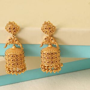 Tarinika Antique Gold Plated Dhvani Jhumkas with Peacock Design - Indian Earrings for Women | Perfect for Ethnic Occasions | Traditional South Indian Jewelry | 1 Year Warranty*