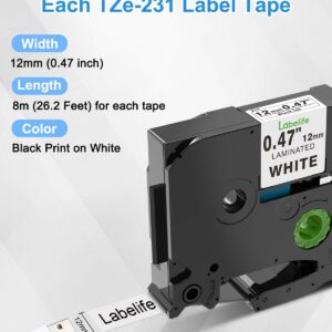 Labelife 6-Pack P Touch Label Tape TZe-231 Replacement for Brother TZe TZ Tape 12mm 0.47 Laminated White Label Maker Tape TZe231 TZ231 for Brother P Touch Label Maker PT-D210 PT-D220 PT-H110 PT-D600