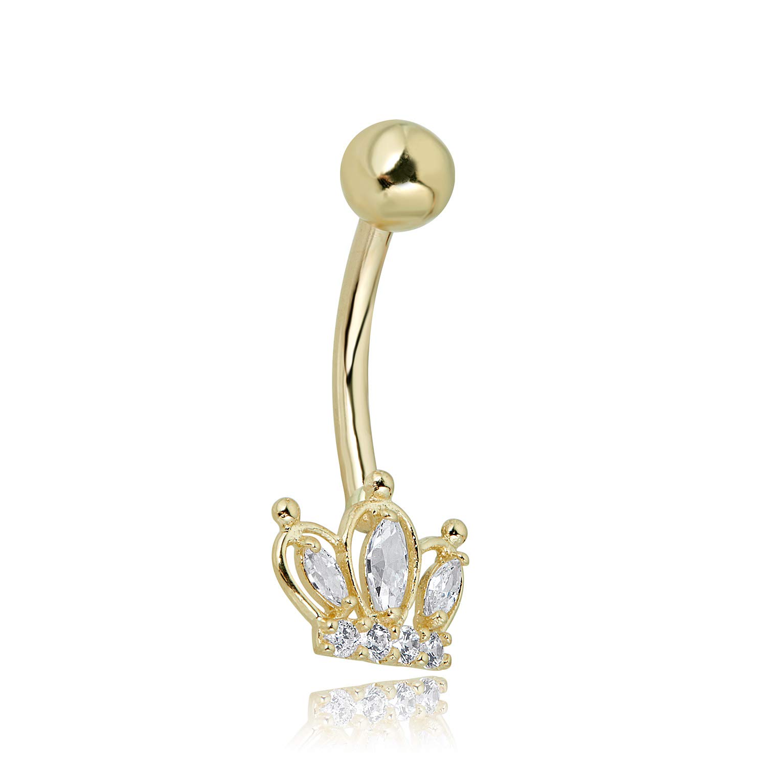 AVORA 10K Yellow Gold Simulated Diamond CZ Tiara Crown Belly Button Ring Body Jewelry (14 Gauge)