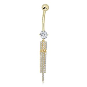 avora 10k yellow gold simulated diamond cz tassel dangle belly button ring body jewelry (14 gauge)