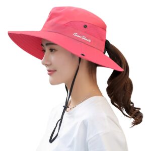 hgge women ponytail summer sun hat wide brim uv hats floppy bucket cap for safari beach fishing gardening pure watermelon red