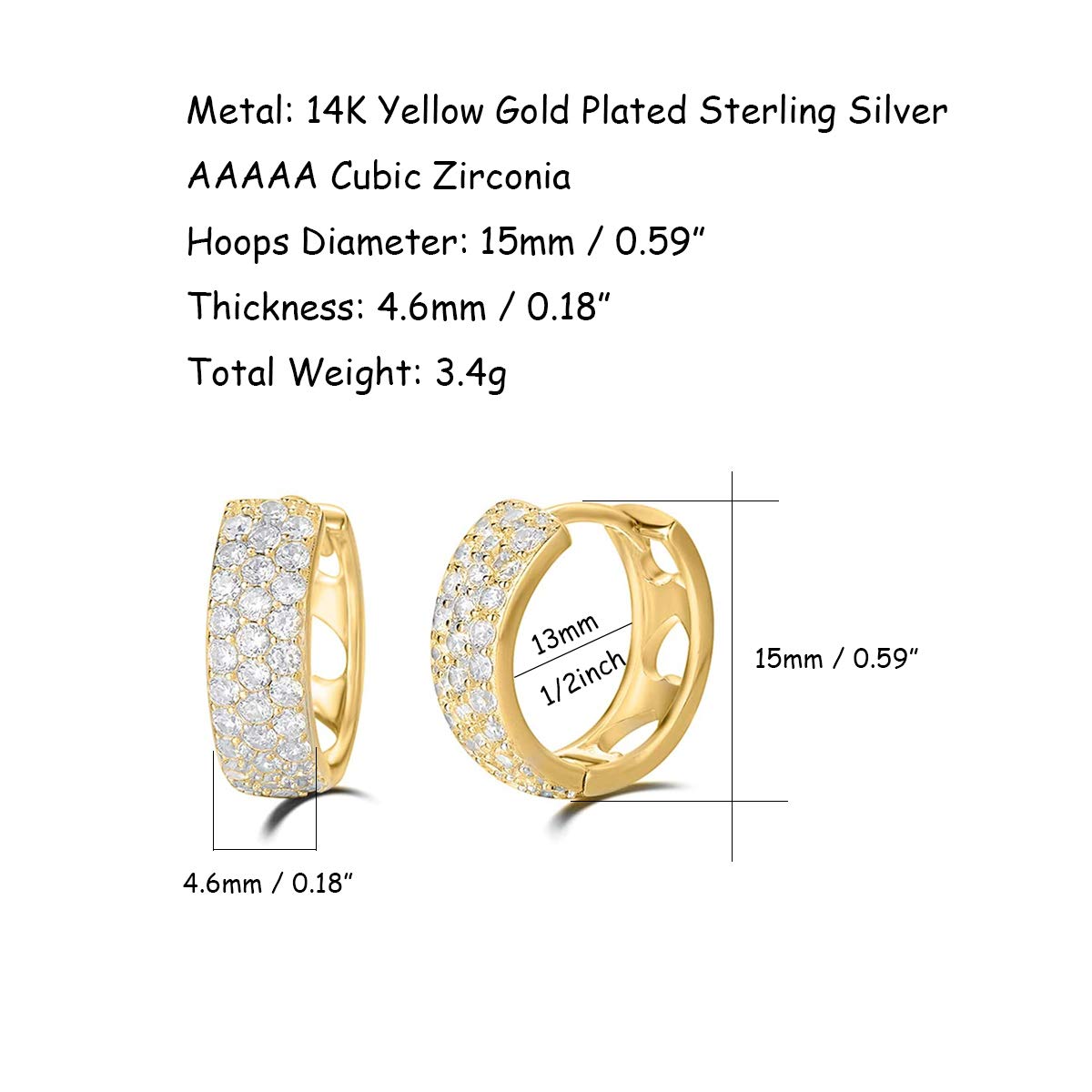 Carleen 925 Sterling Silver Hoop Earrings 14K Gold Plated Pave Set Cubic Zirconia CZ Simulated Diamond Small Thick Sparkle Fine Jewelry Birthday Gifts for Women, Diameter 15mm Width 5mm