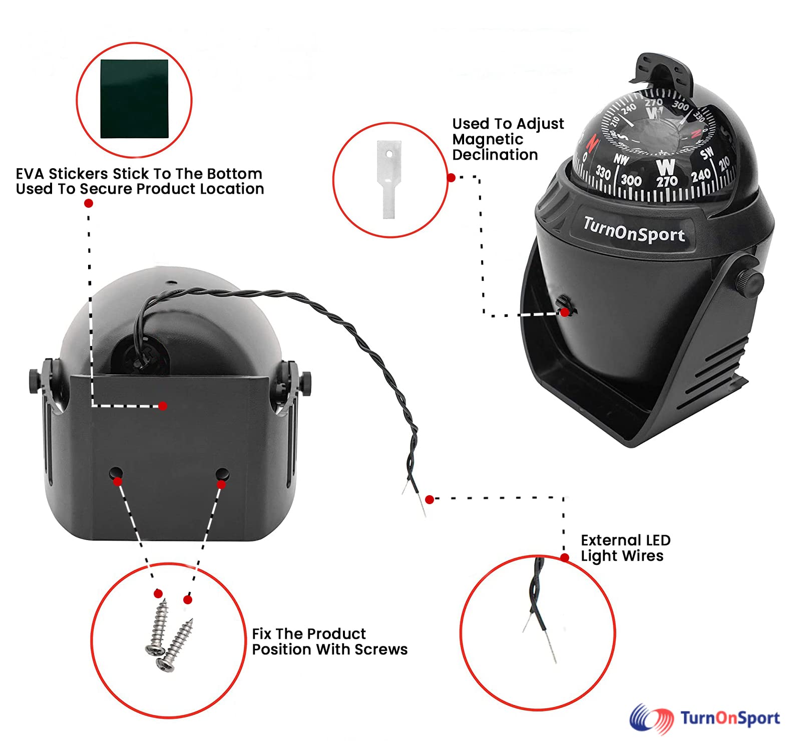 Boat Compass Dash Mount Flush - Boating Compass Dashboard Suction - Navigation Marine Compass Boats Surface Mount - Illuminated Dashboard Compass Ship - Electronic Sea Compass Suction Cup (Black)