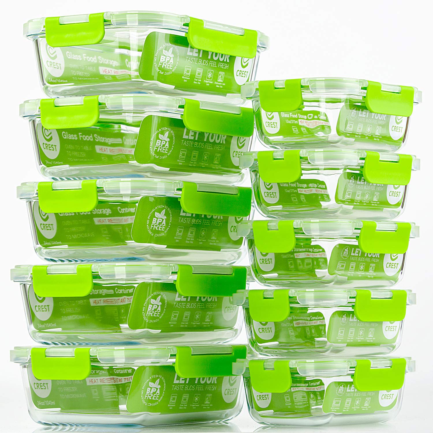 C CREST Glass Containers for Food Storage with Lids, [10-Pack] Meal Prep Containers for Kitchen, Home Use, BPA Free