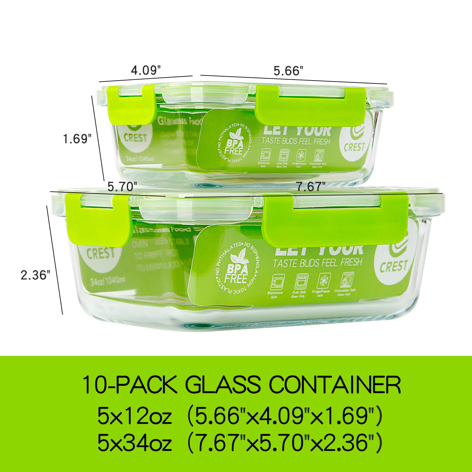 C CREST Glass Containers for Food Storage with Lids, [10-Pack] Meal Prep Containers for Kitchen, Home Use, BPA Free