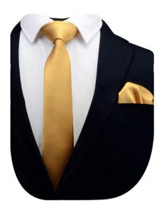 gusleson 2.4" slim necktie and handkerchief set for men solid skinny tie brooch set (goldenrod)