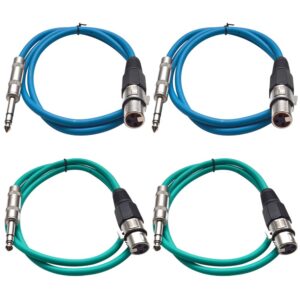 seismic audio - satrxl-f2-4 pack of 2 foot 1/4 inch trs to xlr female patch cables - balanced - 2 foot patch cord - blue and green