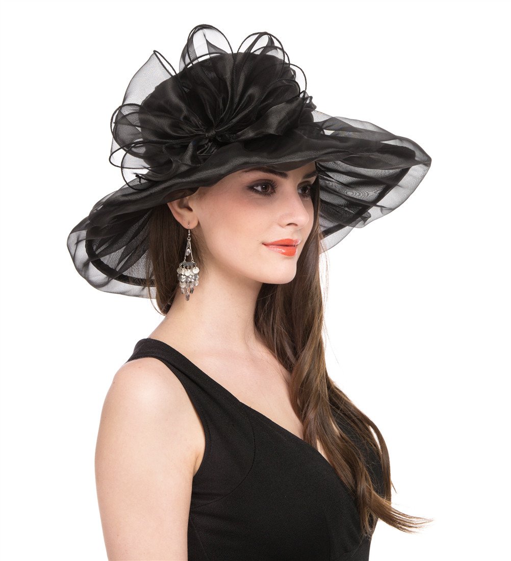 Women's Organza Church Kentucky Derby British Fascinator Bridal Tea Party Wedding Hat Summer Ruffles Cap（H5-Black Bowknot）