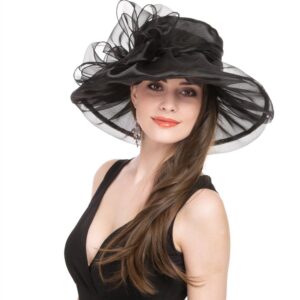 Women's Organza Church Kentucky Derby British Fascinator Bridal Tea Party Wedding Hat Summer Ruffles Cap（H5-Black Bowknot）