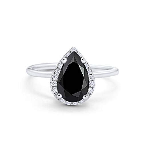 Simulated Black Cubic Zirconia Size-8 Halo Teardrop Pear Wedding Engagement Ring Round Simulated Cubic Zirconia 925 Sterling Silver