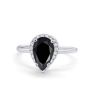 Simulated Black Cubic Zirconia Size-8 Halo Teardrop Pear Wedding Engagement Ring Round Simulated Cubic Zirconia 925 Sterling Silver