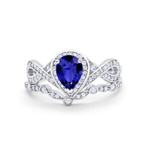 teardrop bridal set art deco wedding engagement ring band pear roundsimulated blue sapphire cubic zirconia 925 sterling silver size-8