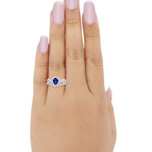 Teardrop Bridal Set Art Deco Wedding Engagement Ring Band Pear RoundSimulated Blue Sapphire Cubic Zirconia 925 Sterling Silver Size-8