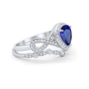 Teardrop Bridal Set Art Deco Wedding Engagement Ring Band Pear RoundSimulated Blue Sapphire Cubic Zirconia 925 Sterling Silver Size-8