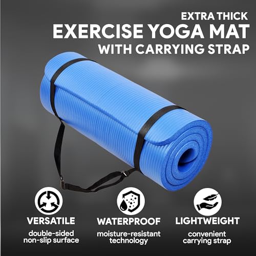 BalanceFrom All-Purpose 1-Inch Extra Thick High Density Anti-Tear Exercise Yoga Mat with Carrying Strap (Blue)