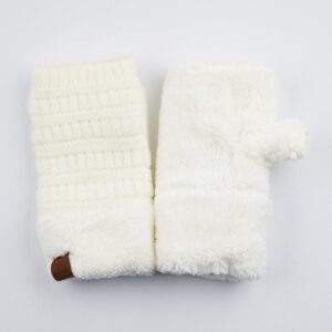 C.C Fingerless Gloves Fuzzy Lined Knit Wrist Warmer Solid Ribbed Glove (FLG-25) (Ivory)