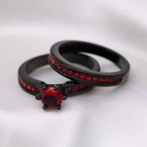 Bridal Sets Black Gold Plated Womens Wedding Ring Sets Red Cz Engagement Ring 2pcs Wedding Band