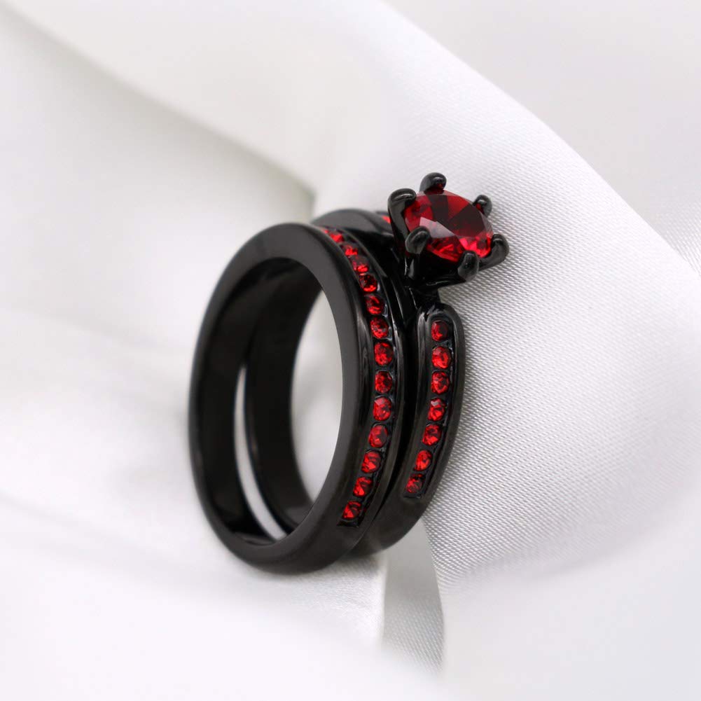 Bridal Sets Black Gold Plated Womens Wedding Ring Sets Red Cz Engagement Ring 2pcs Wedding Band