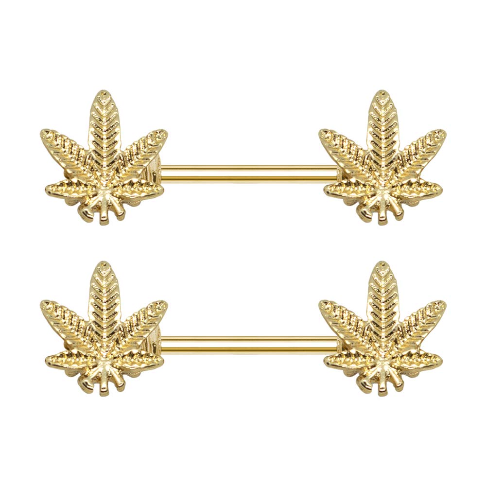 Pierce2GO 2 Pcs 14G Gold Marijuana Leaf Nipplerings Piercing Women Nipple Rings - 9/16" Barbell (Gold)