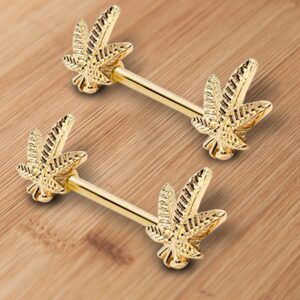 Pierce2GO 2 Pcs 14G Gold Marijuana Leaf Nipplerings Piercing Women Nipple Rings - 9/16" Barbell (Gold)