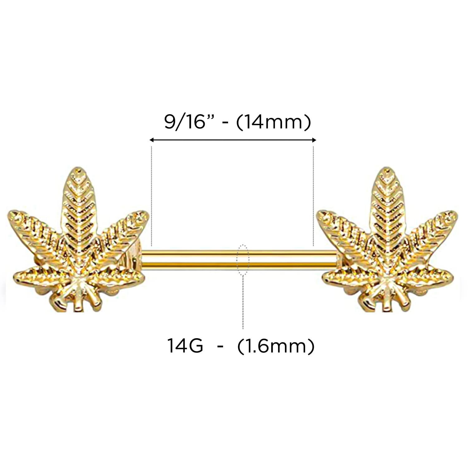 Pierce2GO 2 Pcs 14G Gold Marijuana Leaf Nipplerings Piercing Women Nipple Rings - 9/16" Barbell (Gold)