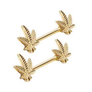 Pierce2GO 2 Pcs 14G Gold Marijuana Leaf Nipplerings Piercing Women Nipple Rings - 9/16" Barbell (Gold)