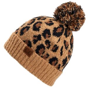 c.c exclusives soft beanie hat with leopard pattern and fur pom(hat-7001) (latte-leopard pom)