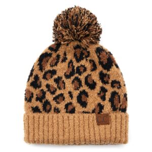 C.C Exclusives Soft Beanie hat with Leopard Pattern and Fur Pom(HAT-7001) (Latte-Leopard Pom)