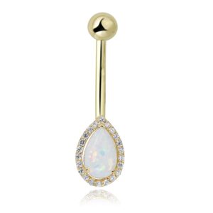 avora 10k yellow gold pear-shaped simulated opal with simulated diamond cz halo belly button ring body jewelry (14 gauge) - size 0