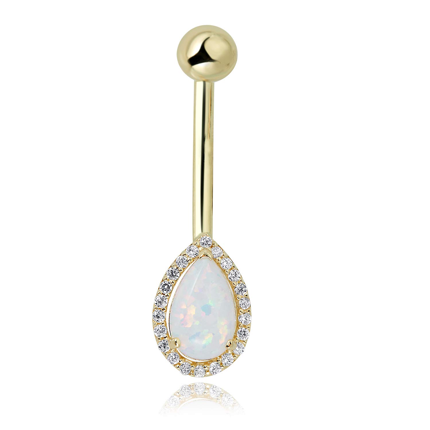 AVORA 10K Yellow Gold Pear-shaped Simulated Opal with Simulated Diamond CZ Halo Belly Button Ring Body Jewelry (14 Gauge) - Size 0